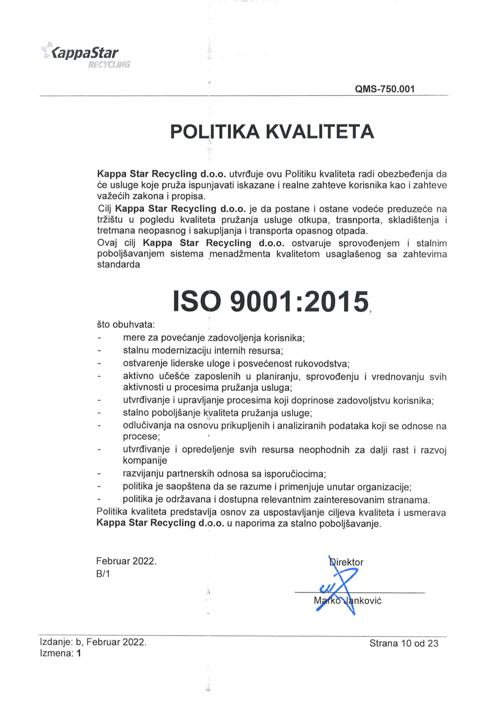 Quality policy – ISO 9001 | Kappa Star Recycling